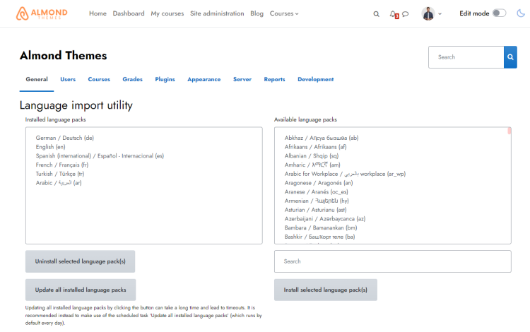 How to install a language pack in Moodle